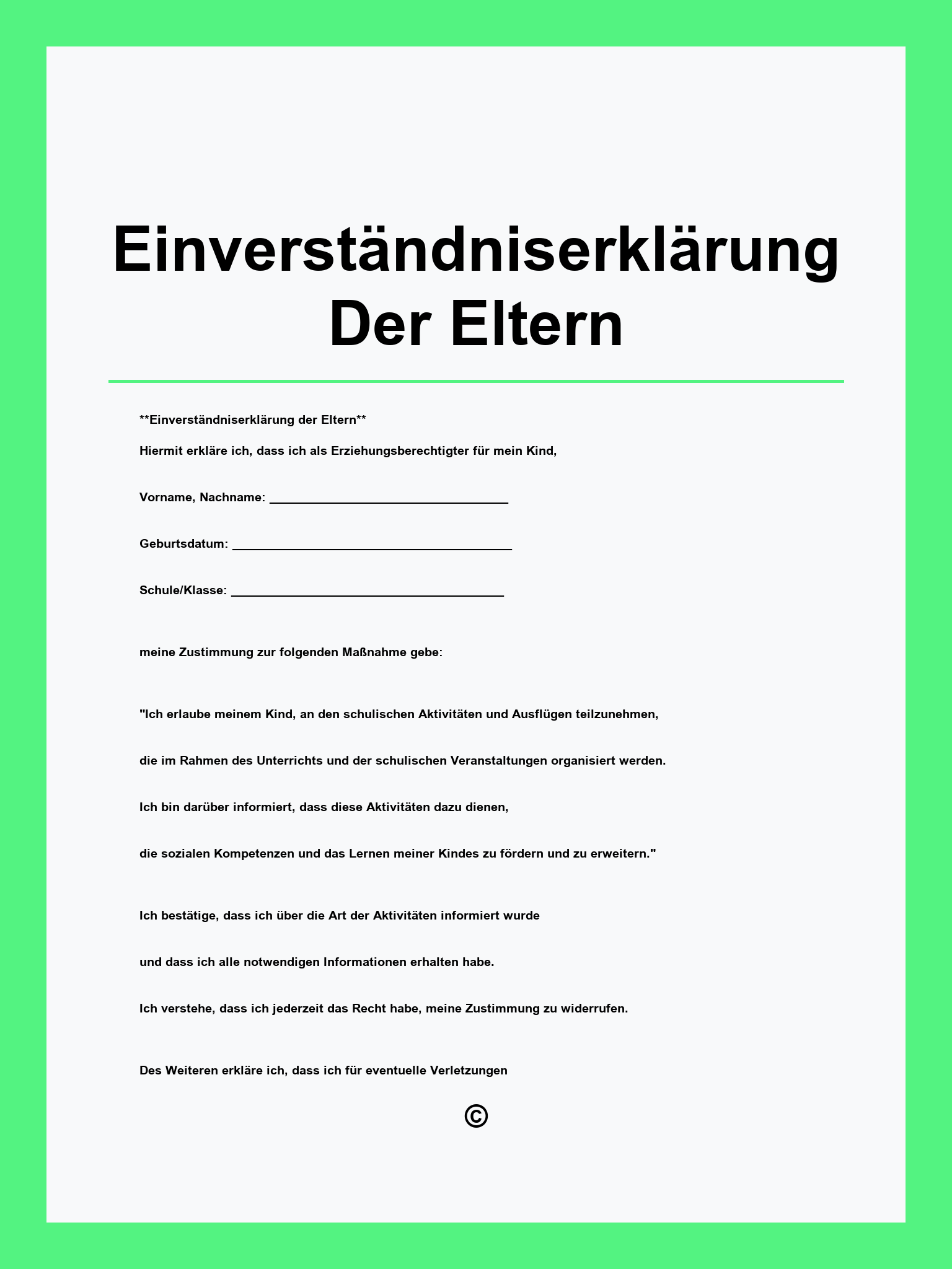 Einverständniserklärung Der Eltern Vorlage