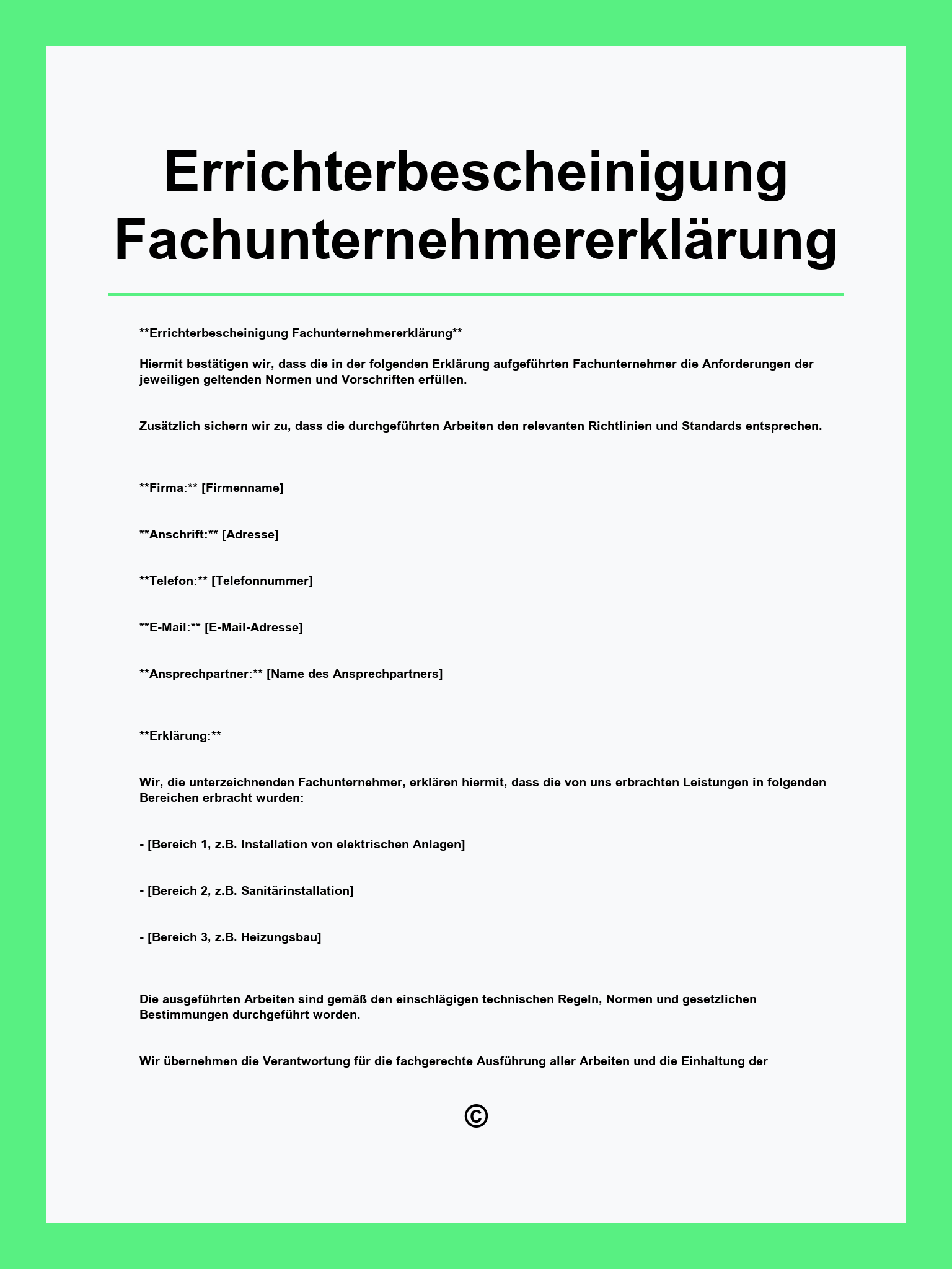 Errichterbescheinigung Fachunternehmererklärung